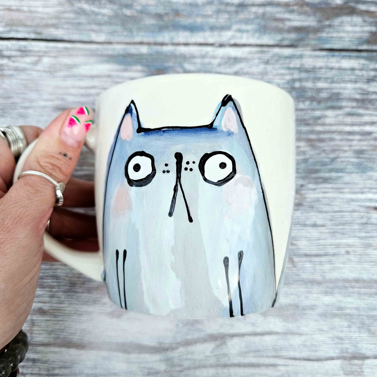 Hand illustrated Blue/Grey Cat mug – MadeByHarriet