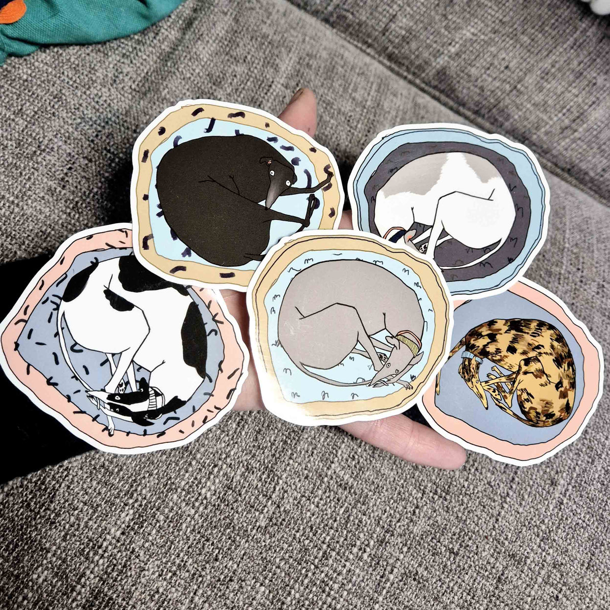 Brand new greyhound stickers. Available in 5 designs – MadeByHarriet